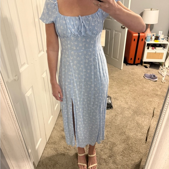 H&M | Dresses | Hm Blue Midi Sundress With Puff Sleeves And Slit | Poshmark